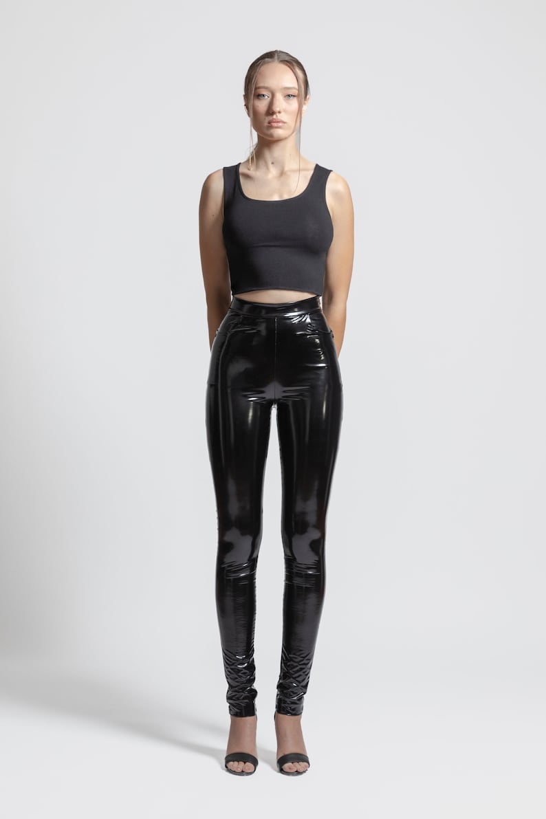 Tacrai Wet Look Black Leggings Glossy Latex Feel Slim Fit Pants