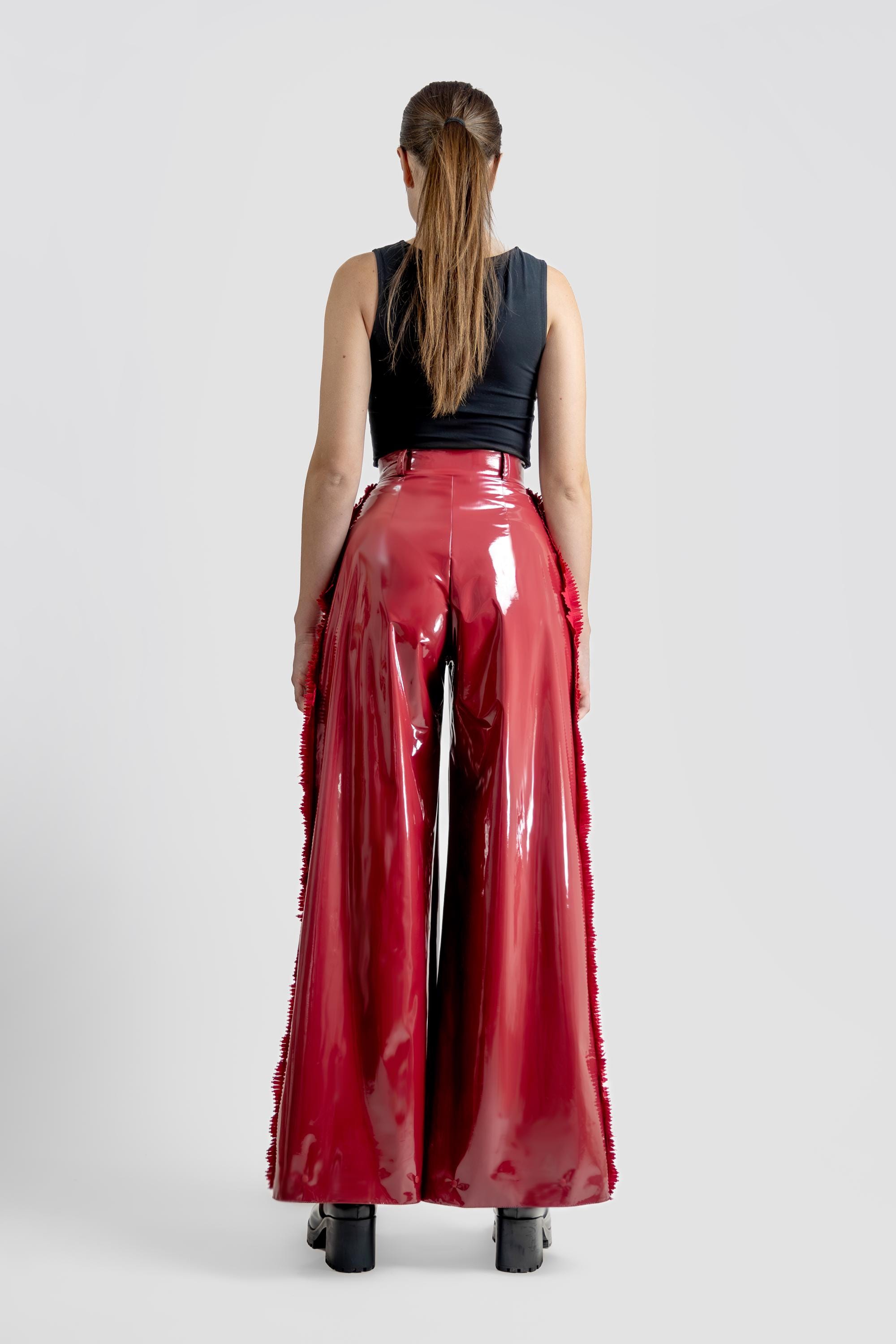 Wide Leg Flare Pants | Fringe Latex Look Pants Burgundy Red Vamp ...