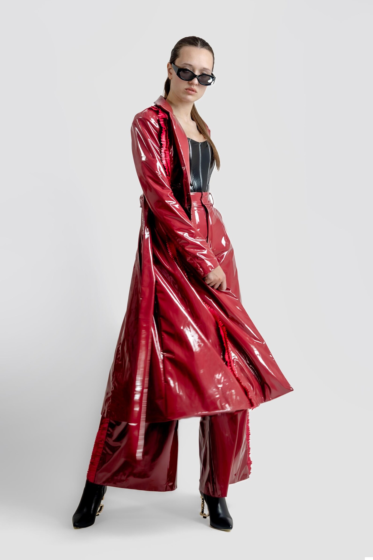 Latex Look Trench Coat & Fringe Detail | Burgundy Red Glossy Long ...