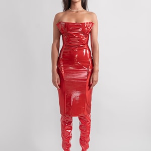 TACRAI Glossy Red Dress | Vegan Wet Look Leather Hot Cocktail Outfit ...