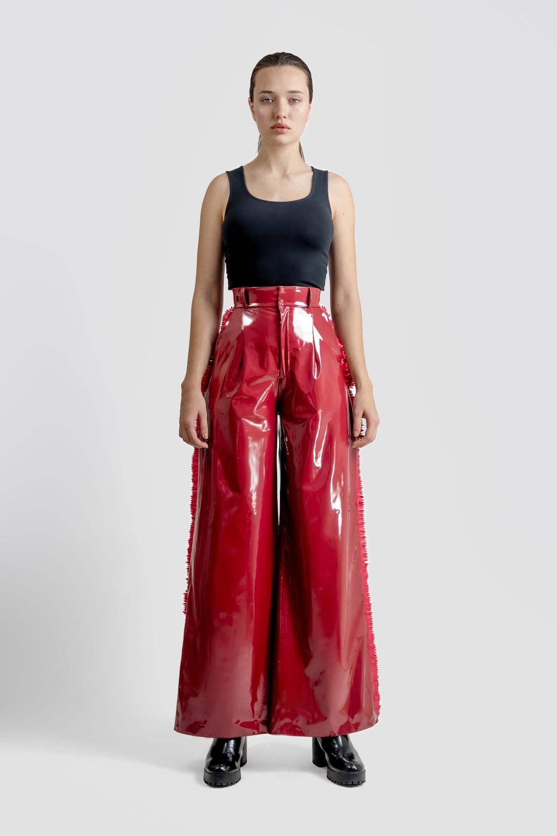 Wide Leg Flare Pants | Fringe Latex Look Pants Burgundy Red Vamp ...
