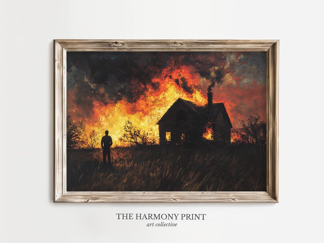 Burning House Painting – Dramatic Fire Art Print, Emotional Landscape ...