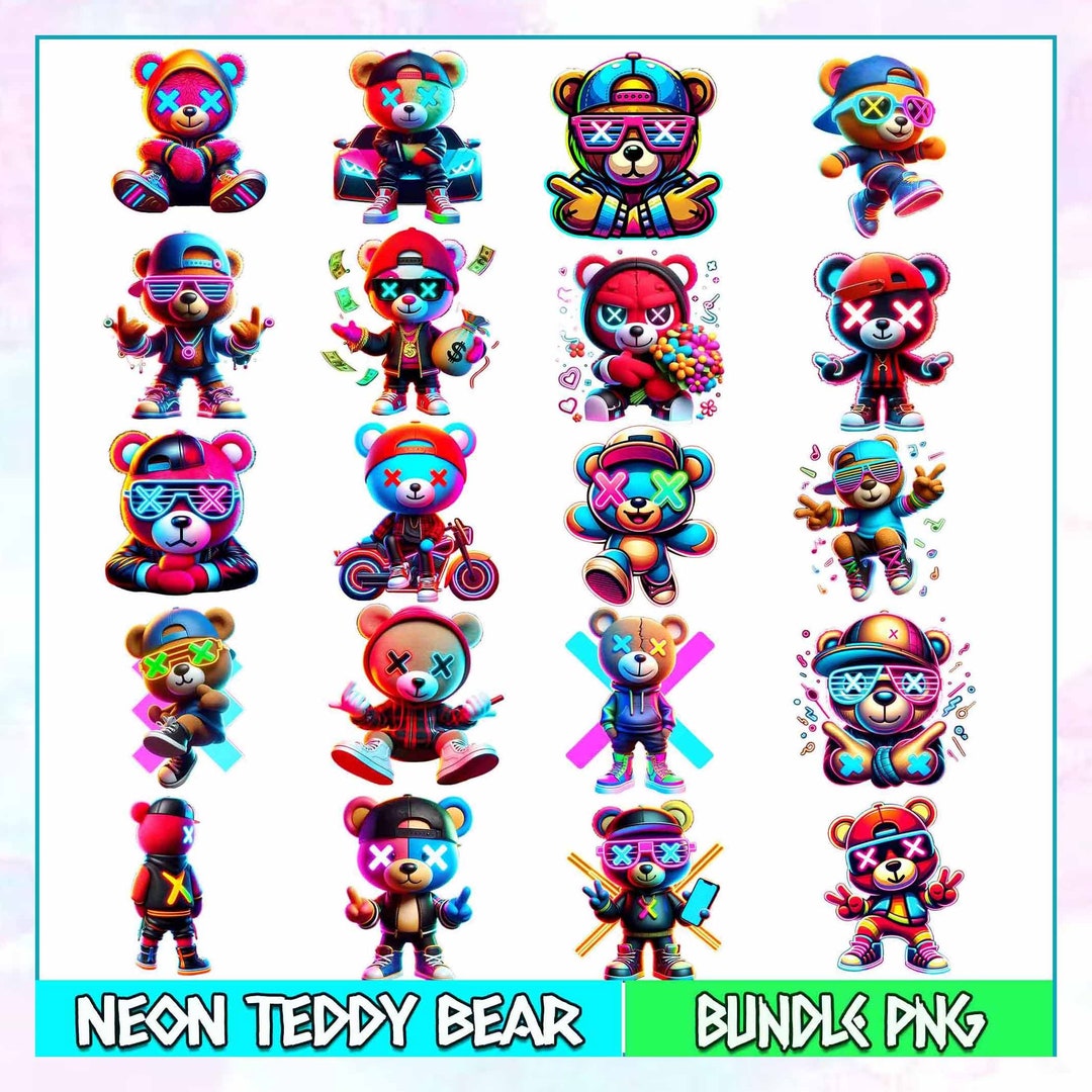 Neon Teddy Bear Png Bundle, Teddy Bear Bundle for Shirt, Design Digital ...