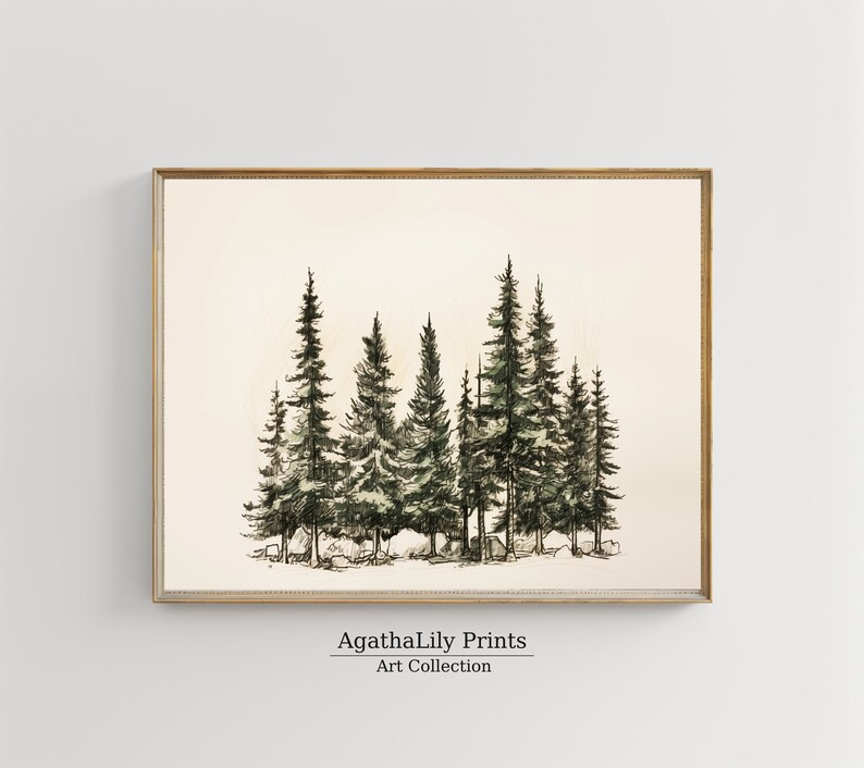 PRINTABLE Fall Pine Trees Sketch Neutral French Country Art Print ...
