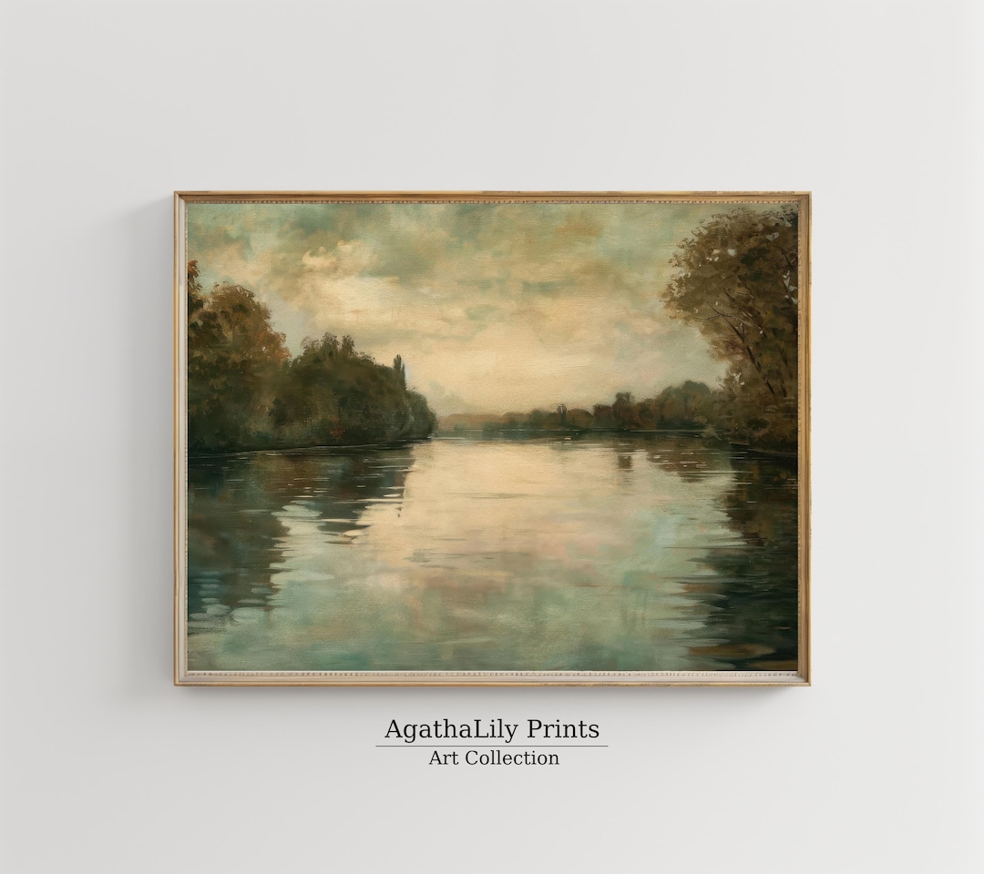 Muted Green River Landscape Art Print: Vintage Country Farmhouse ...