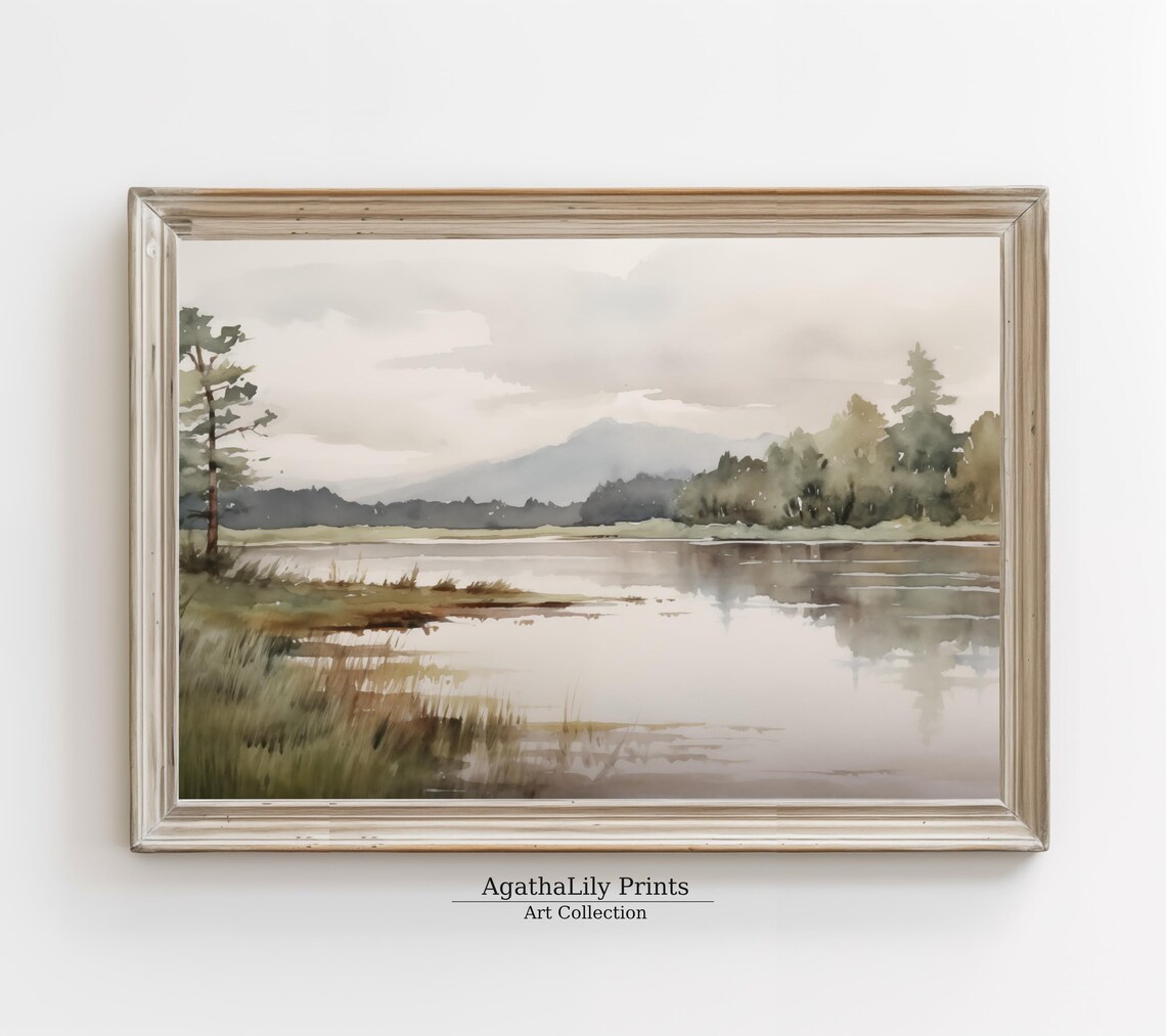 Printable Watercolor Lake Painting Muted Green Landscape Wall Art ...