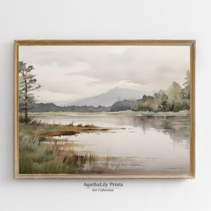 Printable Watercolor Lake Painting Muted Green Landscape Wall Art ...