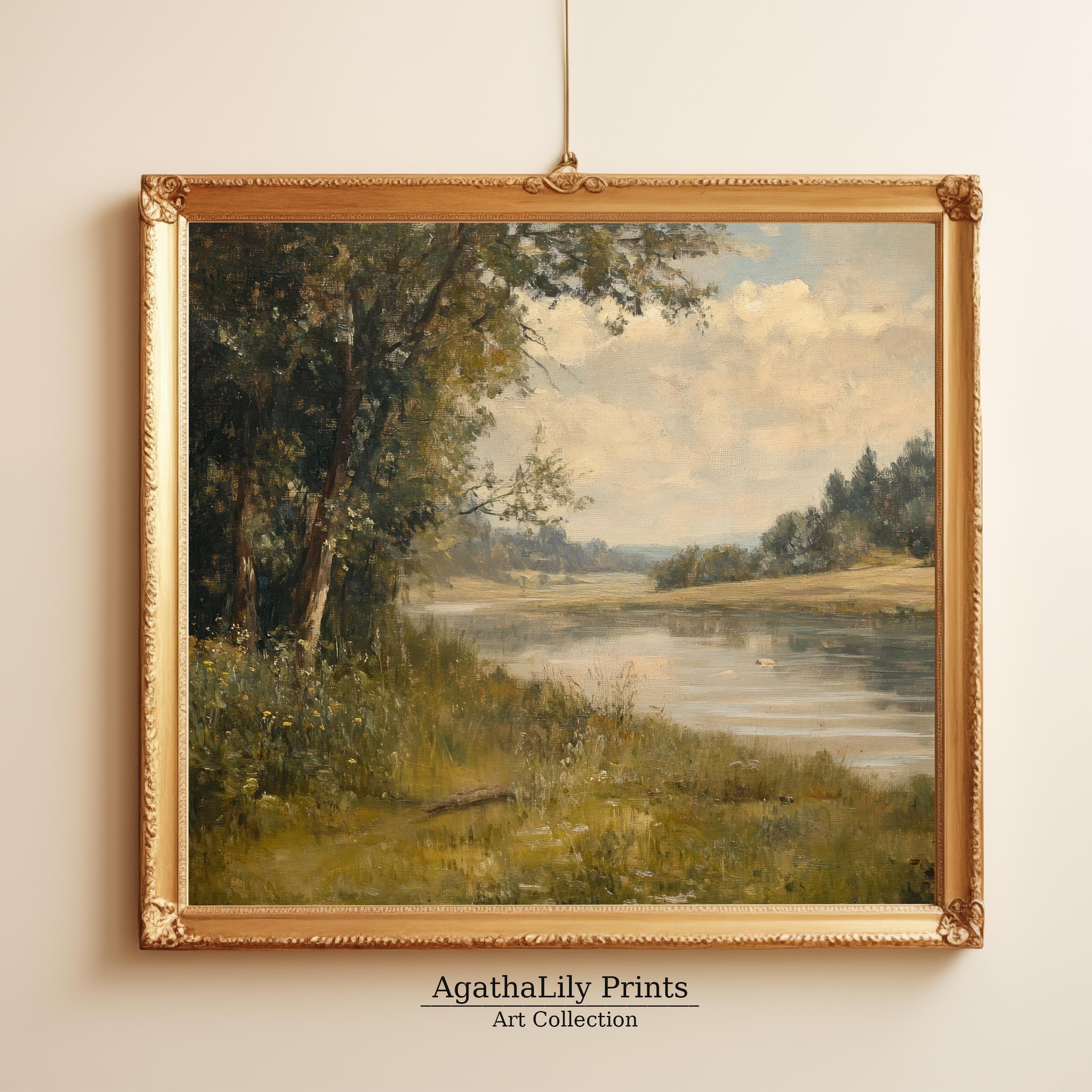 Vintage Country River Landscape Painting: Rustic Printable Wall Art ...