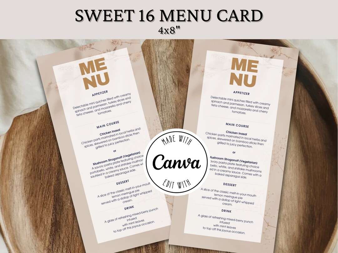 Personalized Sweet 16 Birthday Menu Card, Menu Card Printable, Editable ...