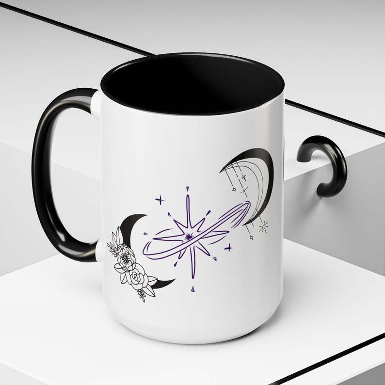 Cup two colors. With moon, stars, and flowers. Mug with minimalist ...