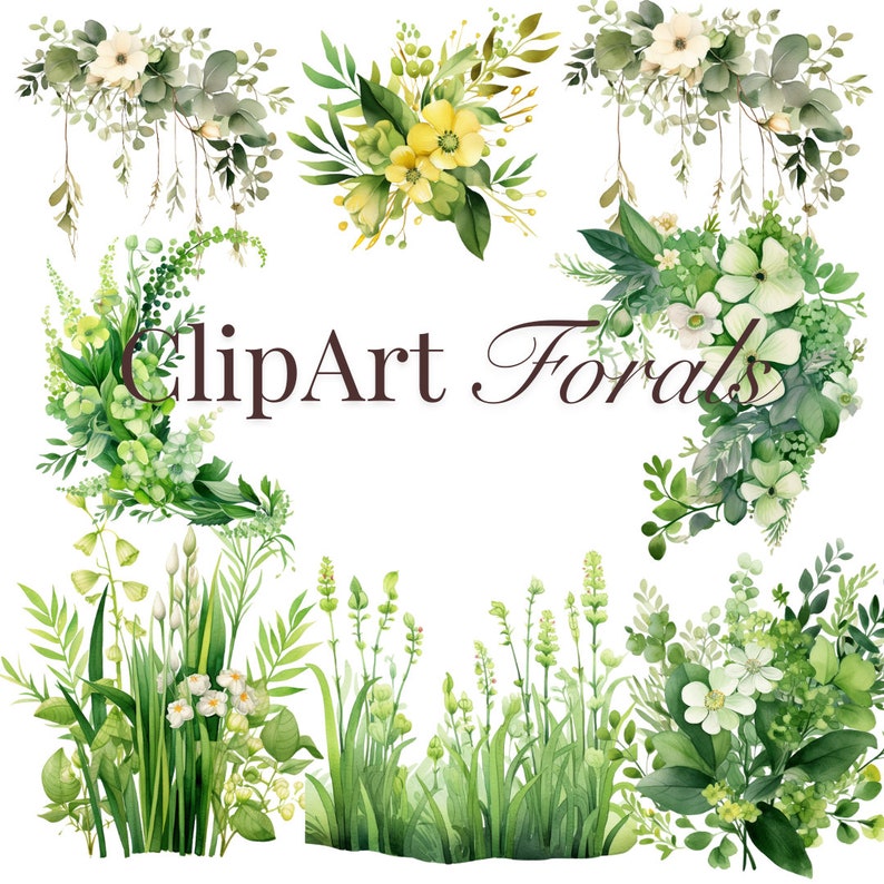 Greenery Illustrations Pack Lush Botanical Clipart, Watercolor Flowers, Wedding Card ,invitation ...