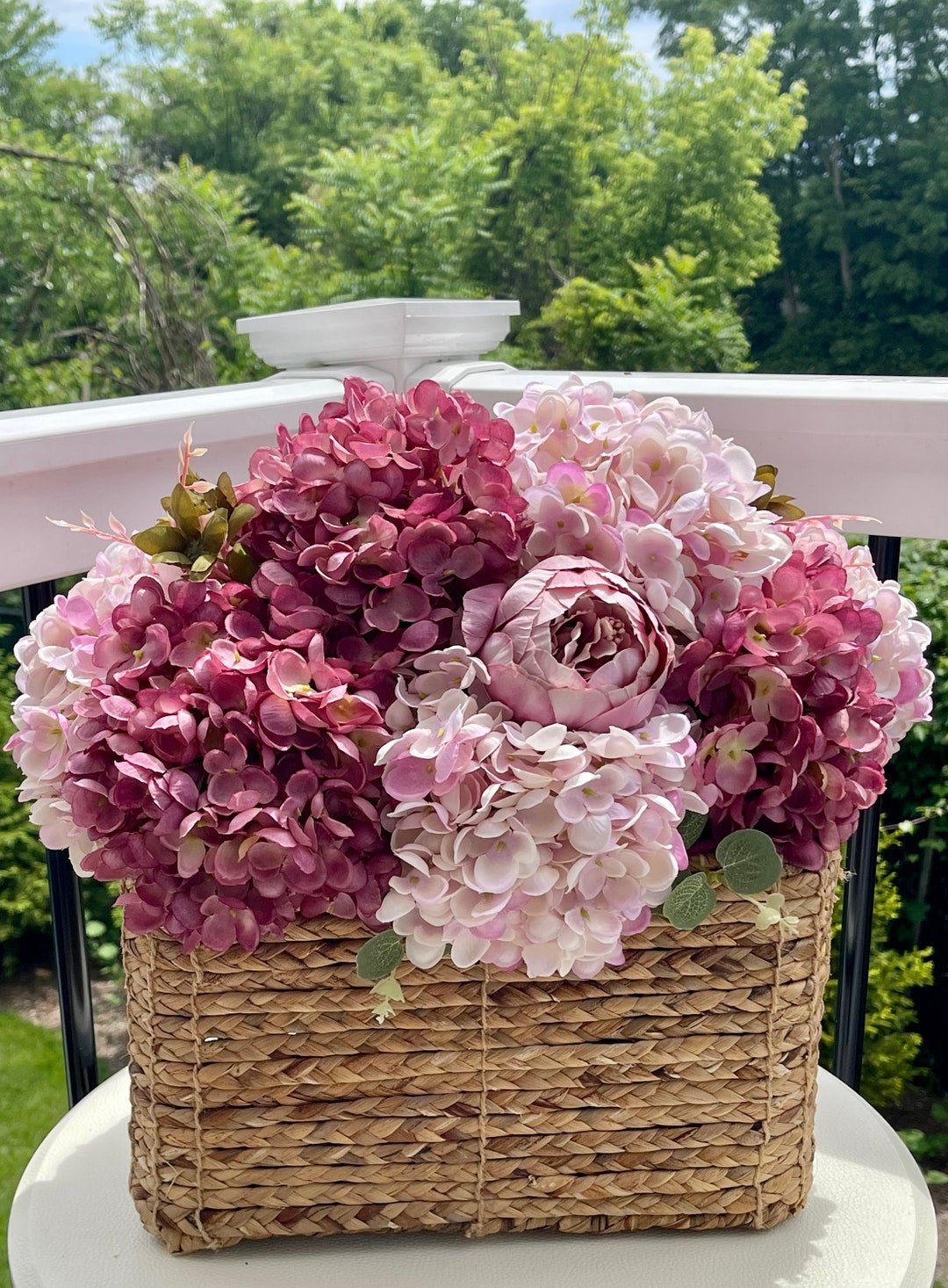 Blush Pink Hydrangea Centerpiece Floral Table Decor in Rustic Basket ...