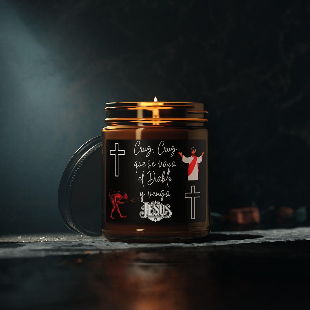 Cruz Cruz Funny Jesus Vs Diablo Candle for Laughs Funny Spanish Saying ...