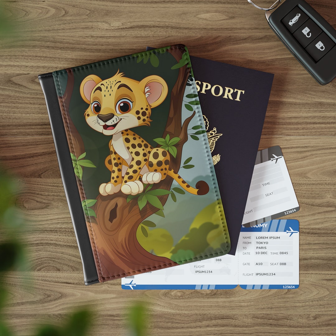 Passport Cover for Kids Cute Cartoon Cheetah Sitting on a Tree Passport ...