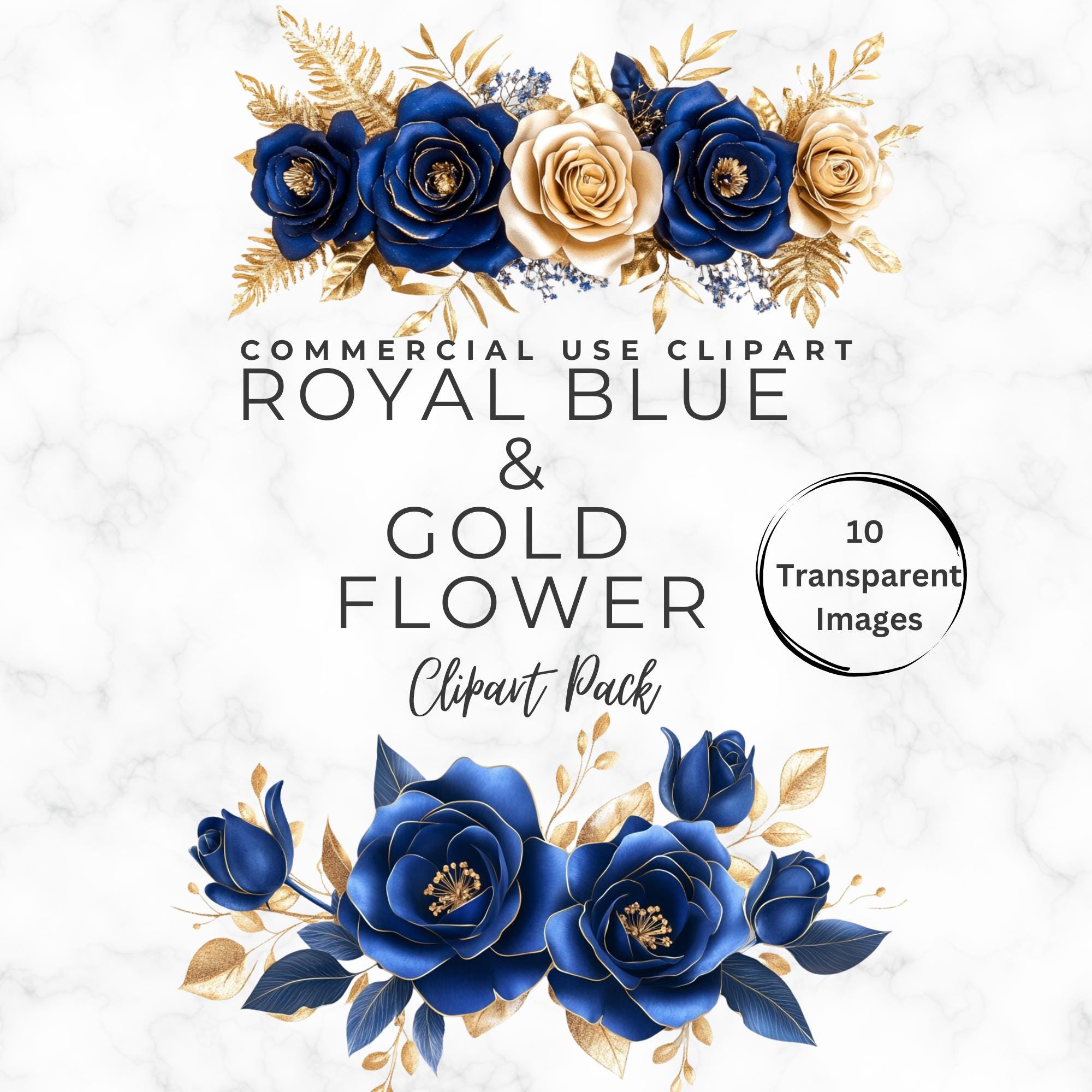 Royal Blue and Gold Floral Clipart, Blue and Gold Flower Clipart ...