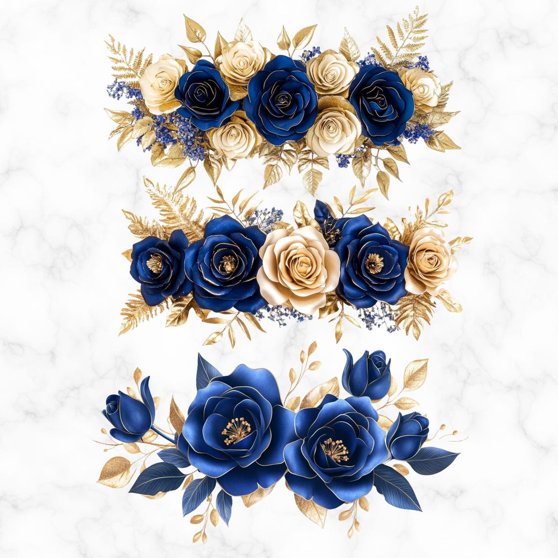 Royal Blue and Gold Floral Clipart, Navy Blue Wedding Flower Clipart ...