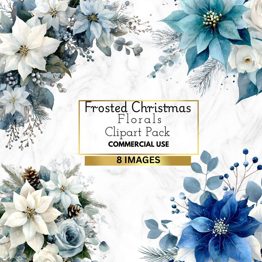 Watercolor Winter Flower Clipart, Floral Christmas Clipart Ice Blue ...