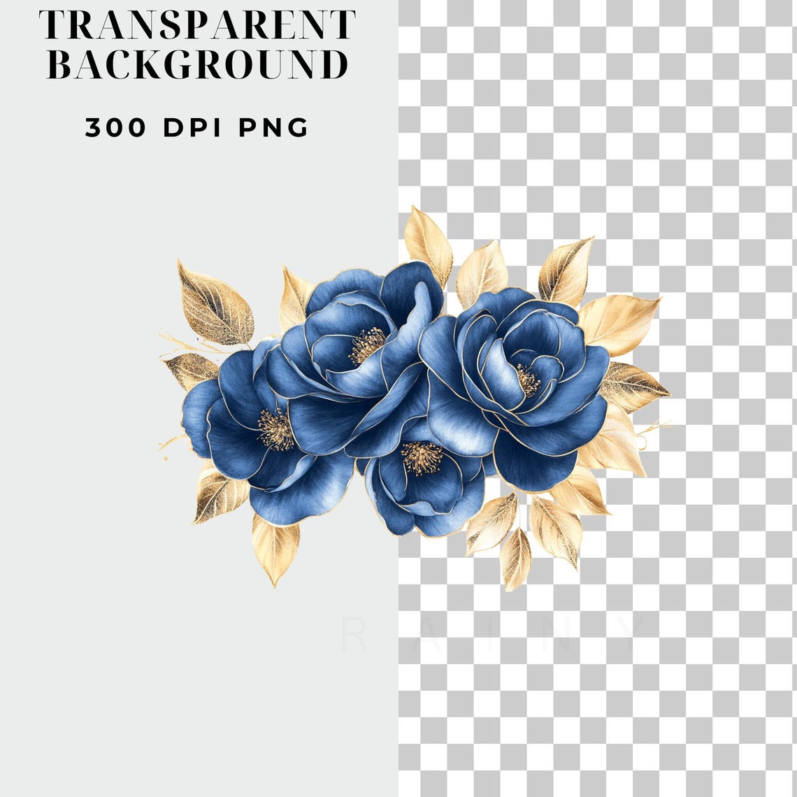 Royal Blue and Gold Floral Clipart, Navy Blue Wedding Flower Clipart ...