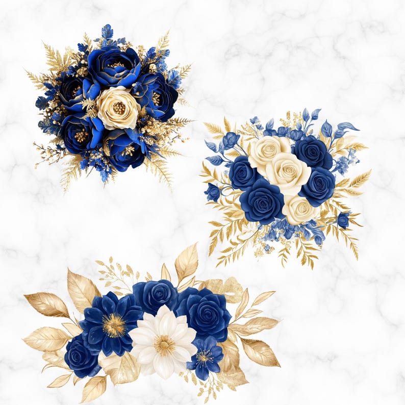 Royal Blue and Gold Floral Clipart, Blue and Gold Flower Clipart ...