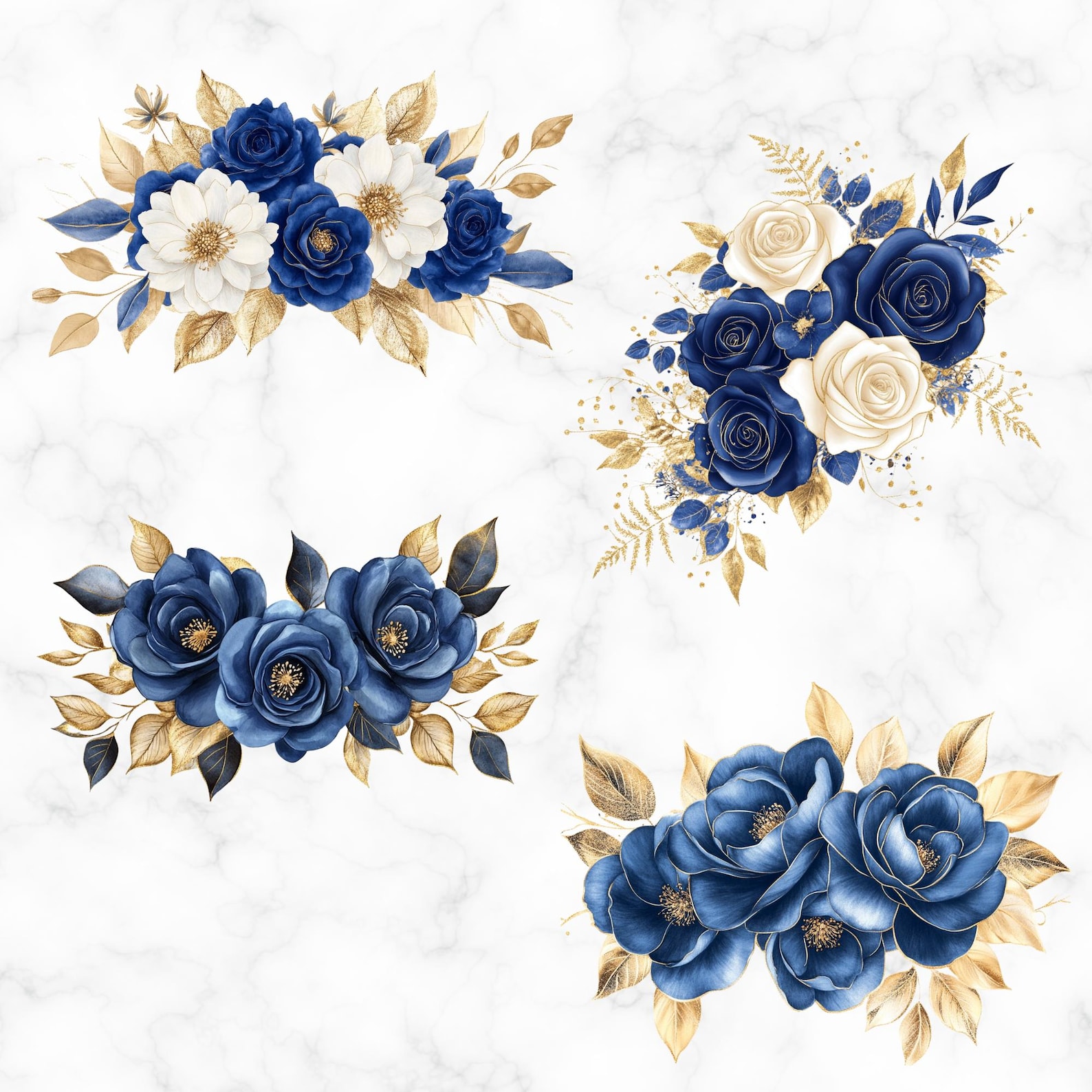 Royal Blue and Gold Floral Clipart, Navy Blue Wedding Flower Clipart ...