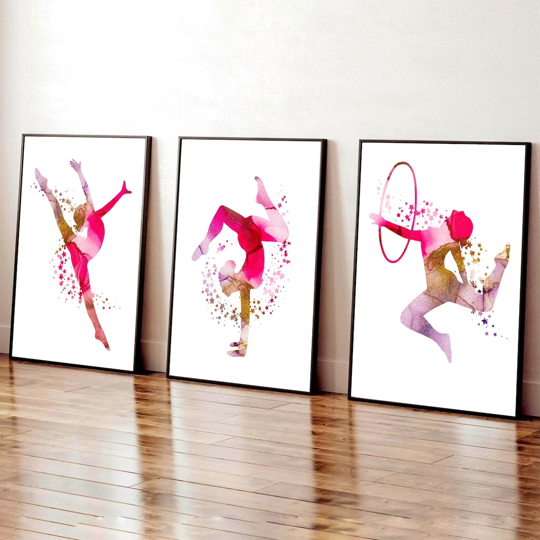 Pink Gymnastics Girl Art Prints: Set of 3, Gold Accents - Etsy