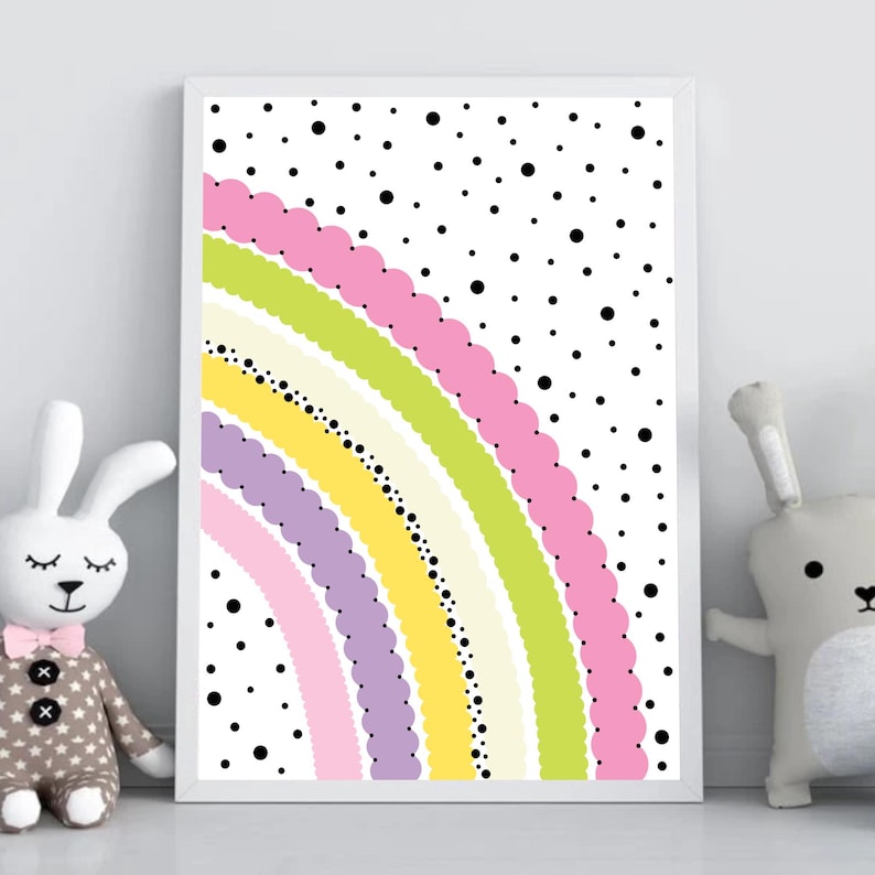 Personalised Rainbow Nursery Prints Set: Pastel Pink Heart Kids Bedroom ...