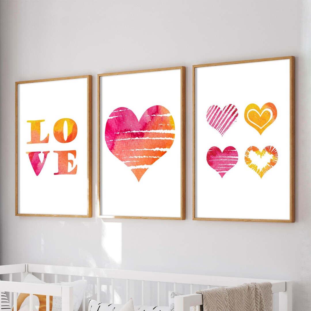 Set of 3 Hearts Posters Love Hearts Watercolour Kids Room Prints Sofa ...
