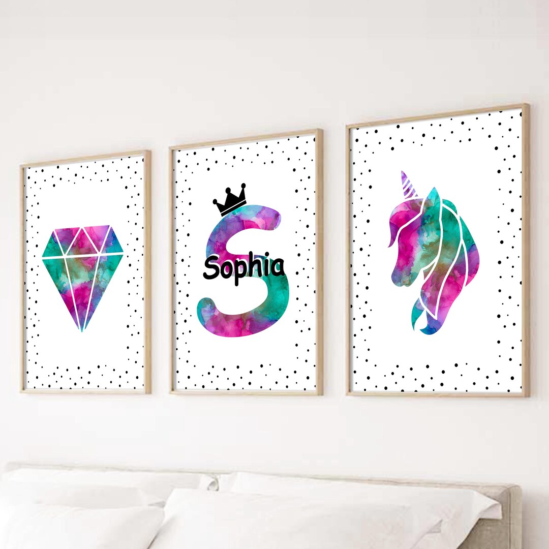 Pink and Teal Girls Bedroom Wall Art, Set of 3 Personalised Girls ...