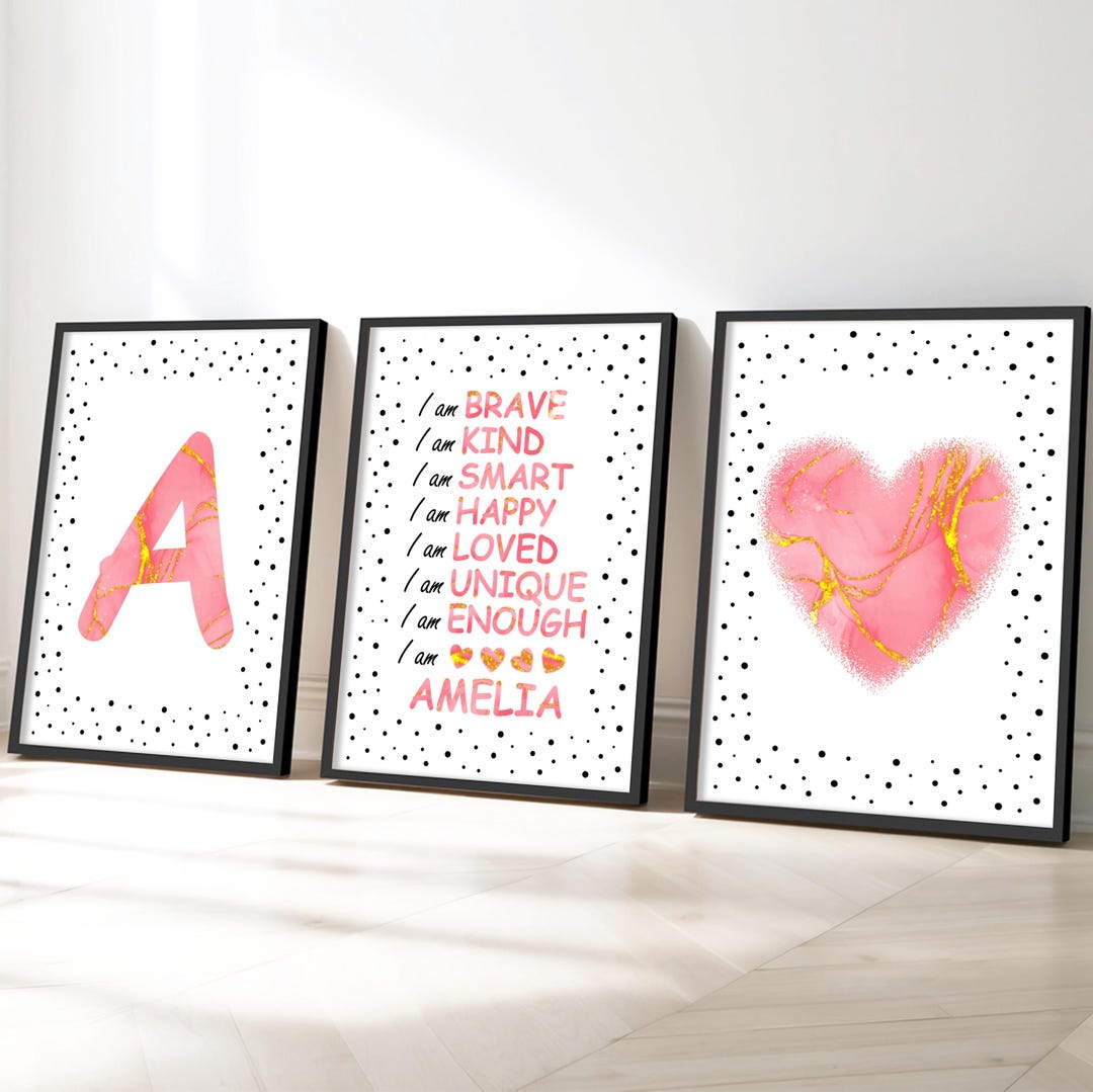 Personalized Affirmation Prints: Set of 3 Pink Polka Dot Girls Room ...