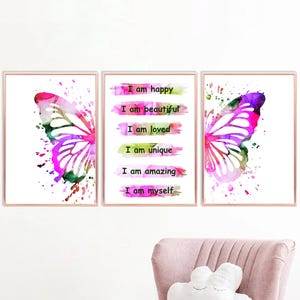 Set of 3 Pink Butterfly Prints With Positive Affirmation, Girls Bedroom ...
