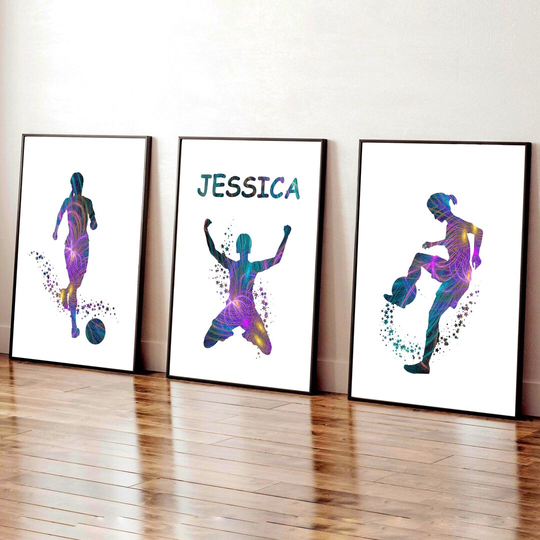 Personalised Football Art Prints for Girls Bedroom, Set of 3 Girl ...