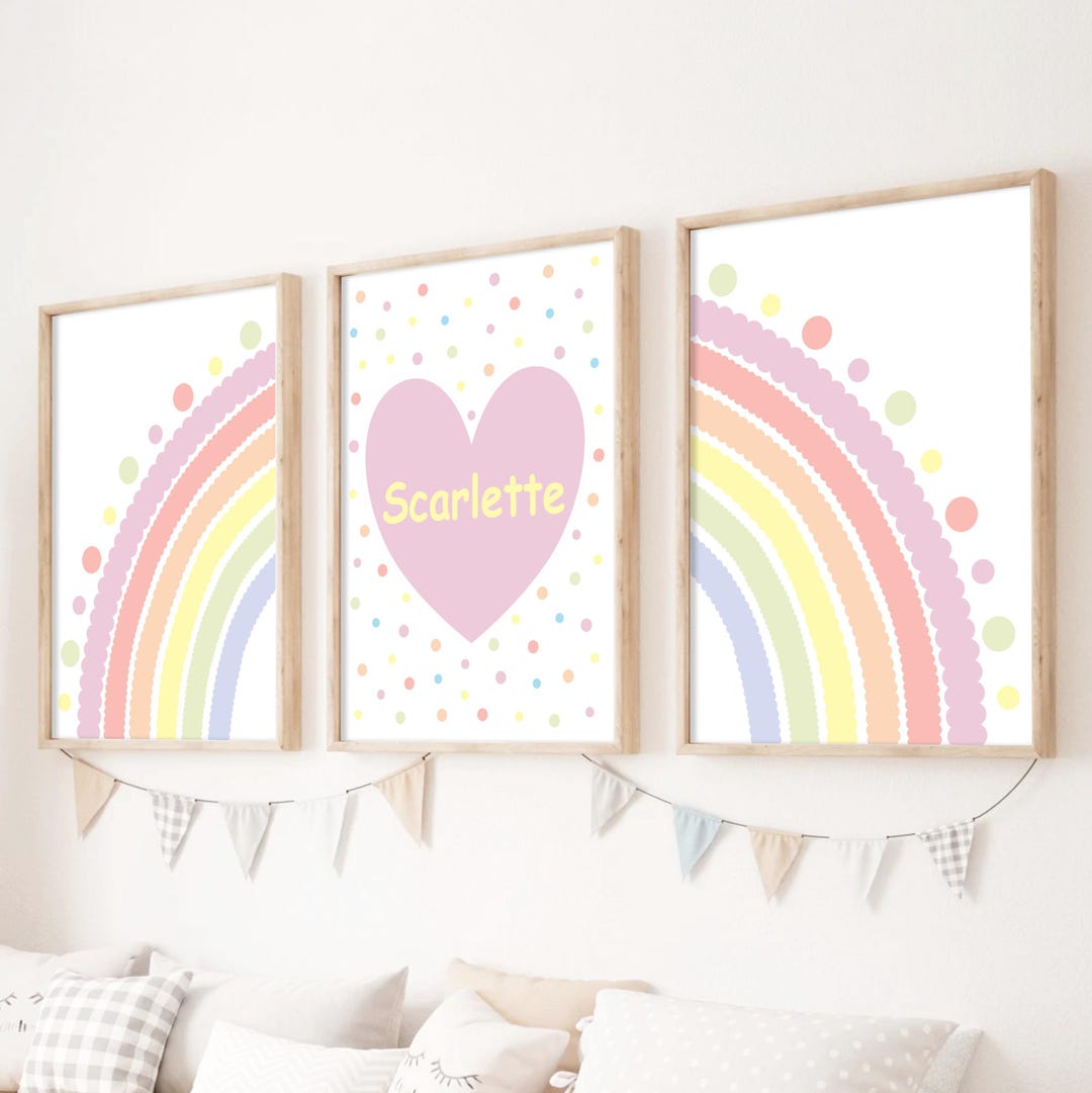 Pastel Rainbow Wall Prints Set of 3 for Nursery, Baby Girl Name Print ...