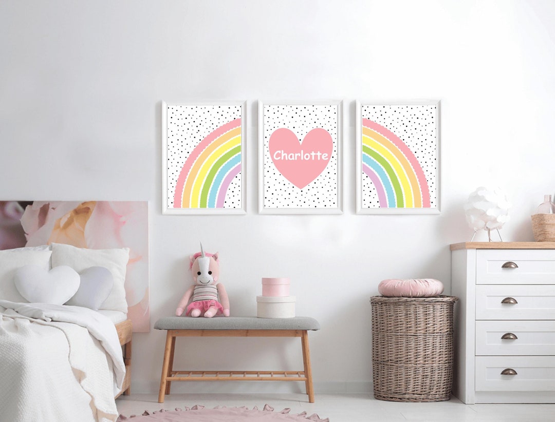 Personalised Girls Rainbow Bedroom Prints, Set of 3 Pastel Nursery ...