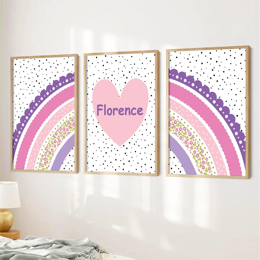 Personalised Tween Girls Prints, Set of 3 Nursery Rainbow Posters, Pink ...