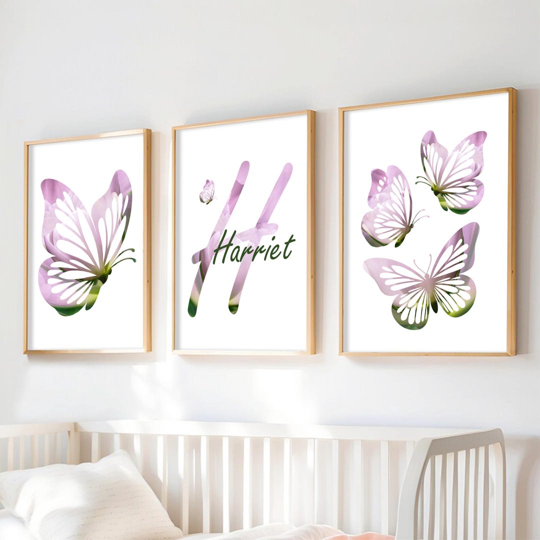 Pink and Green Butterflies Posters, Set of 3 Personalised Girls Bedroom ...