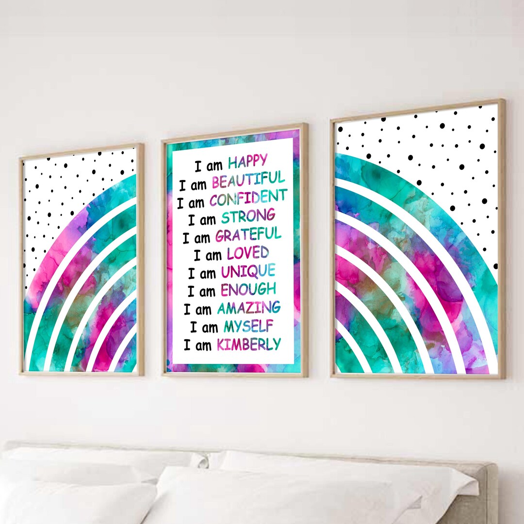 Girls Affirmation Wall Art, Set of 3 Personalised Prints, Pink and Teal ...