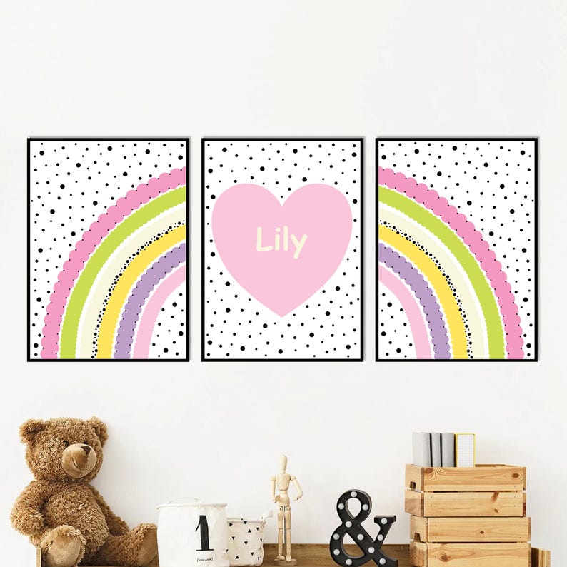 Personalised Rainbow Nursery Prints Set: Pastel Pink Heart Kids Bedroom ...