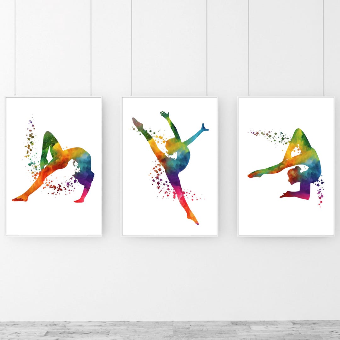 Colourful Gymnastics Wall Art Prints for Girls Bedroom Set of 3 ...