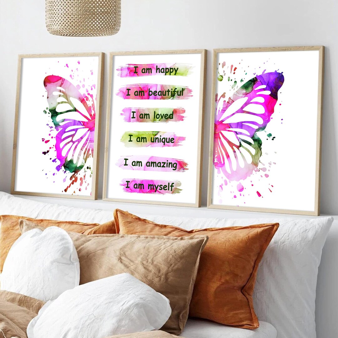 Set of 3 Pink Butterfly Prints With Positive Affirmation, Girls Bedroom ...