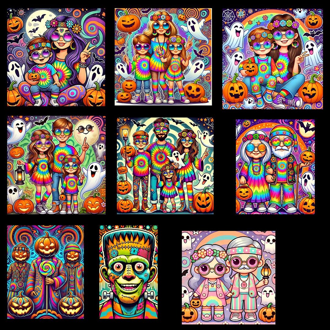 Colorful Hippy Halloween Family Portraits, Psychedelic Tie-dye ...