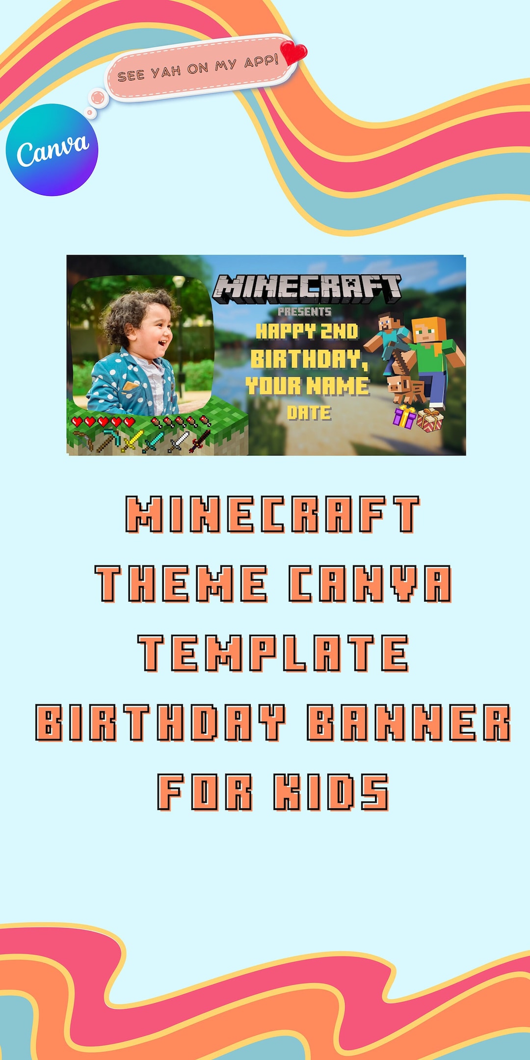 Minecraft Theme Canva Template Birthday Banner for Kids - Etsy