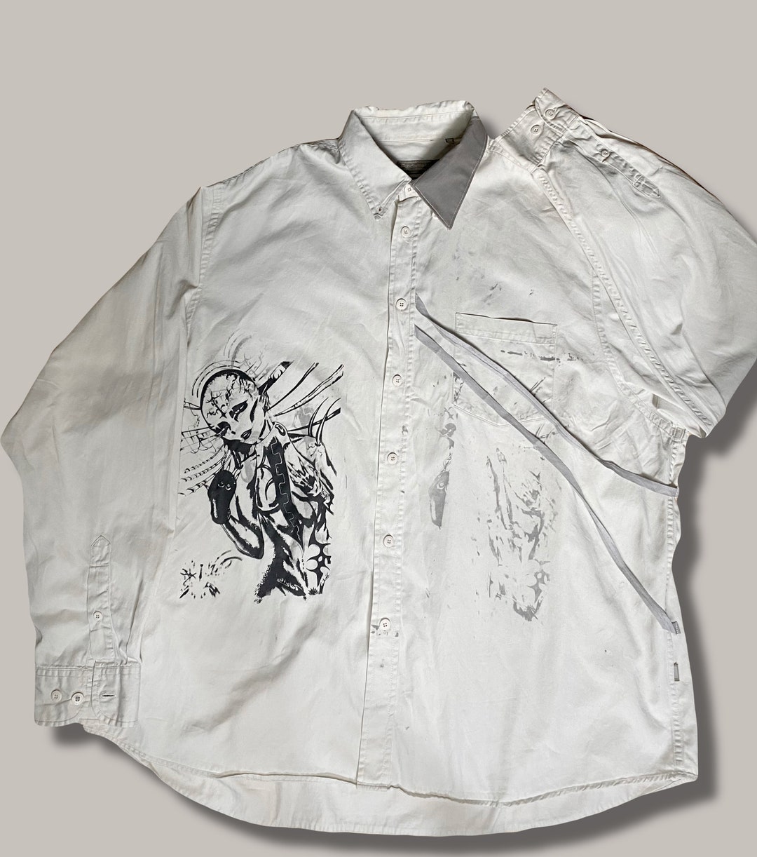 Beige Alt Cyberpunk Blouse Hand Screen Printed on Oversized Blouse ...