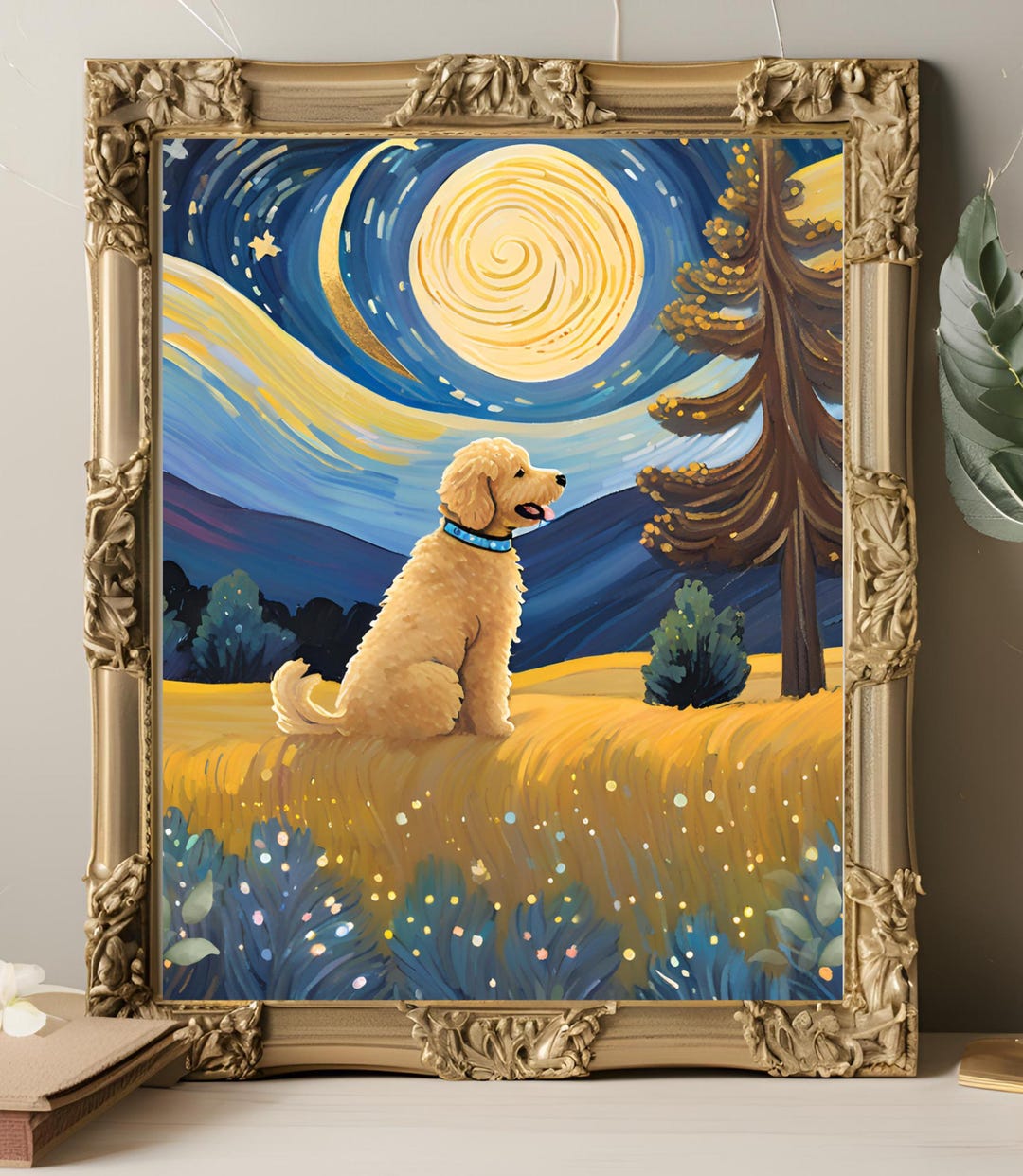 Van Gogh Inspired Goldendoodle Art , Starry Night, Furry Art, Vintage ...