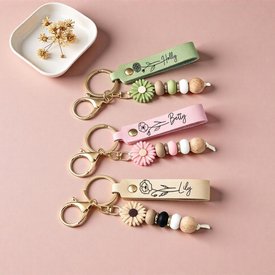 Custom Birth Flower Keyring,leather Keychain Personalized,name Key ...