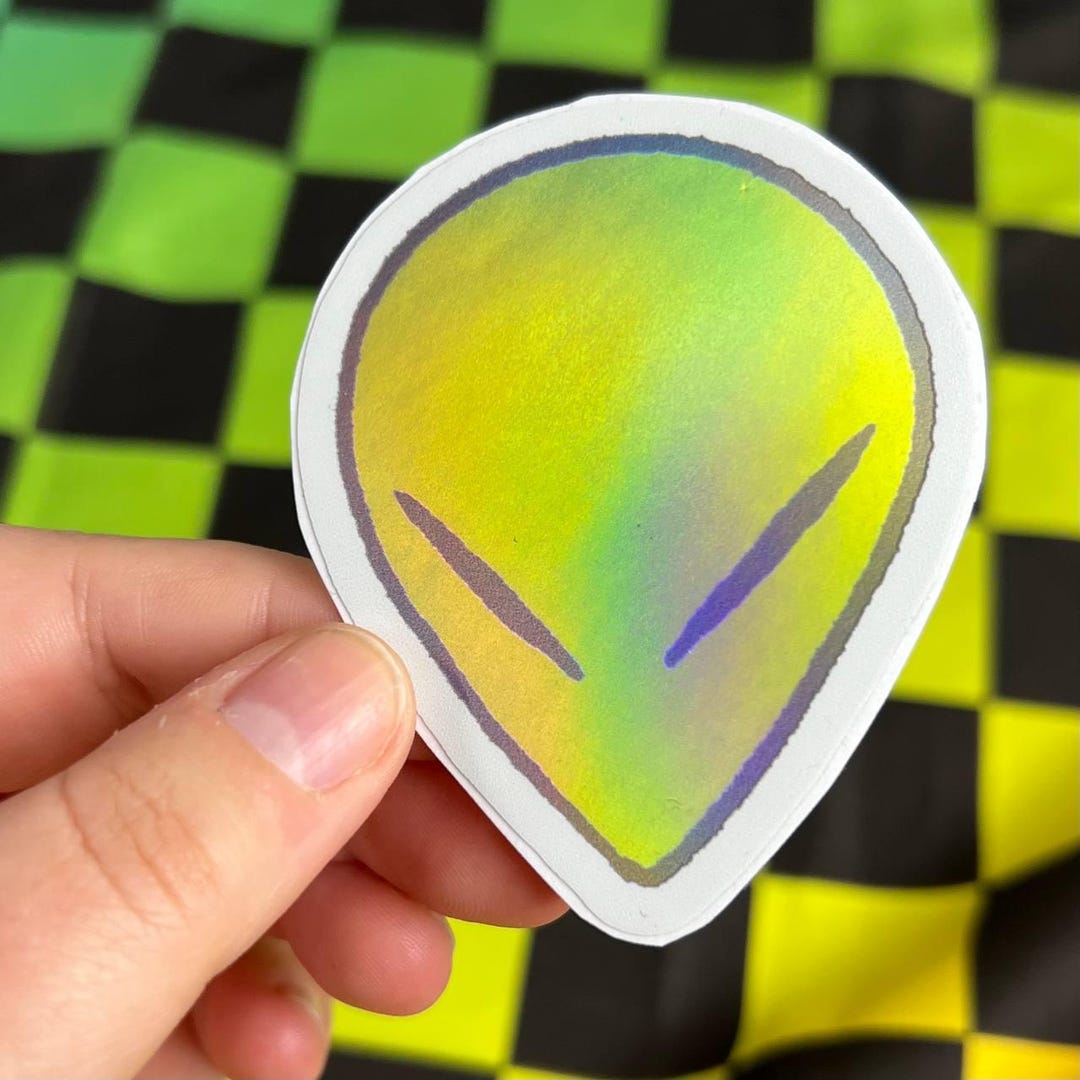 Alien Head Holographic Vinyl Sticker, Rainbow, Cartoon, Little Guy, UFO ...
