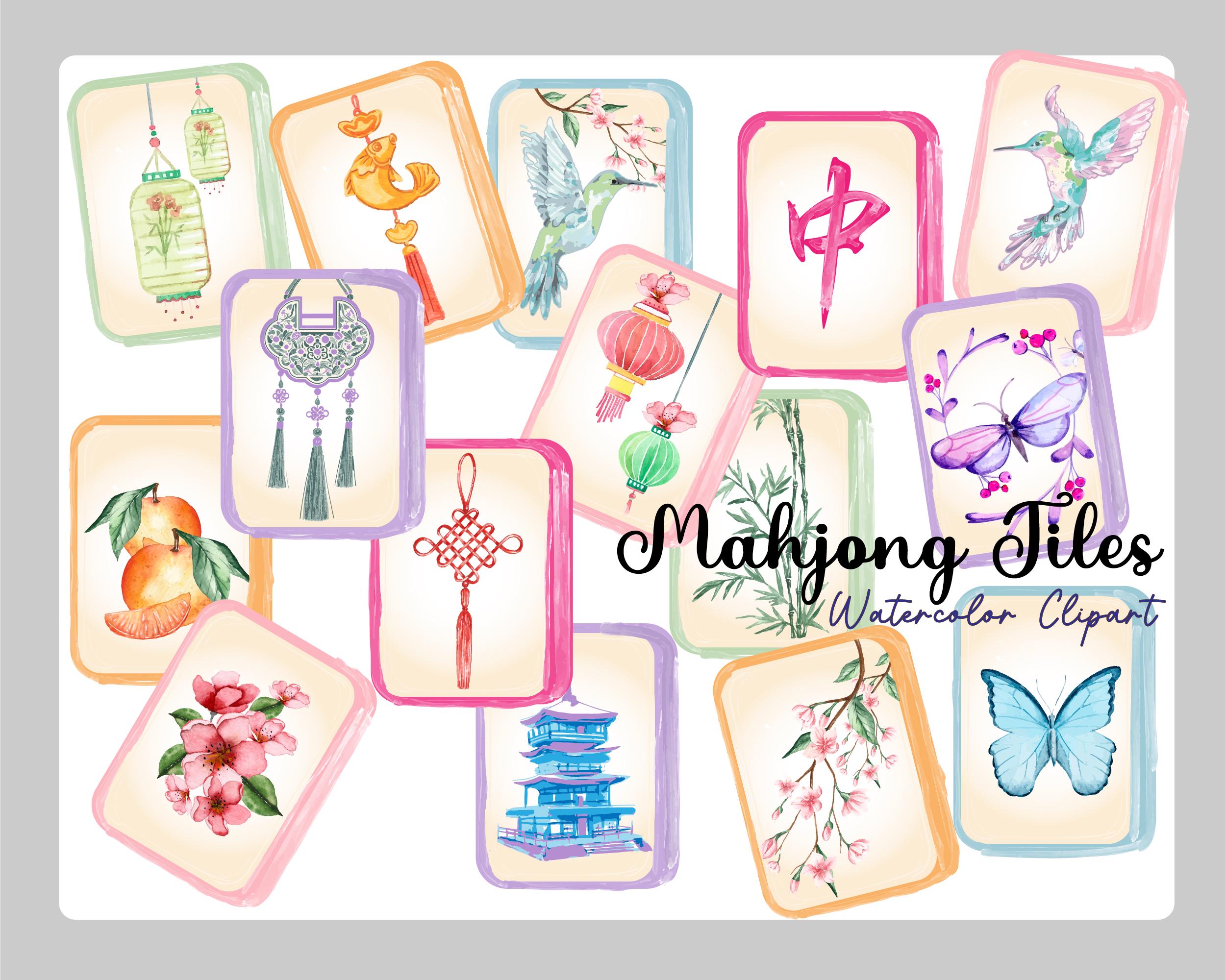 Mahjong Tiles Watercolor Clipart: Hand-drawn Pastel Digital Set ...