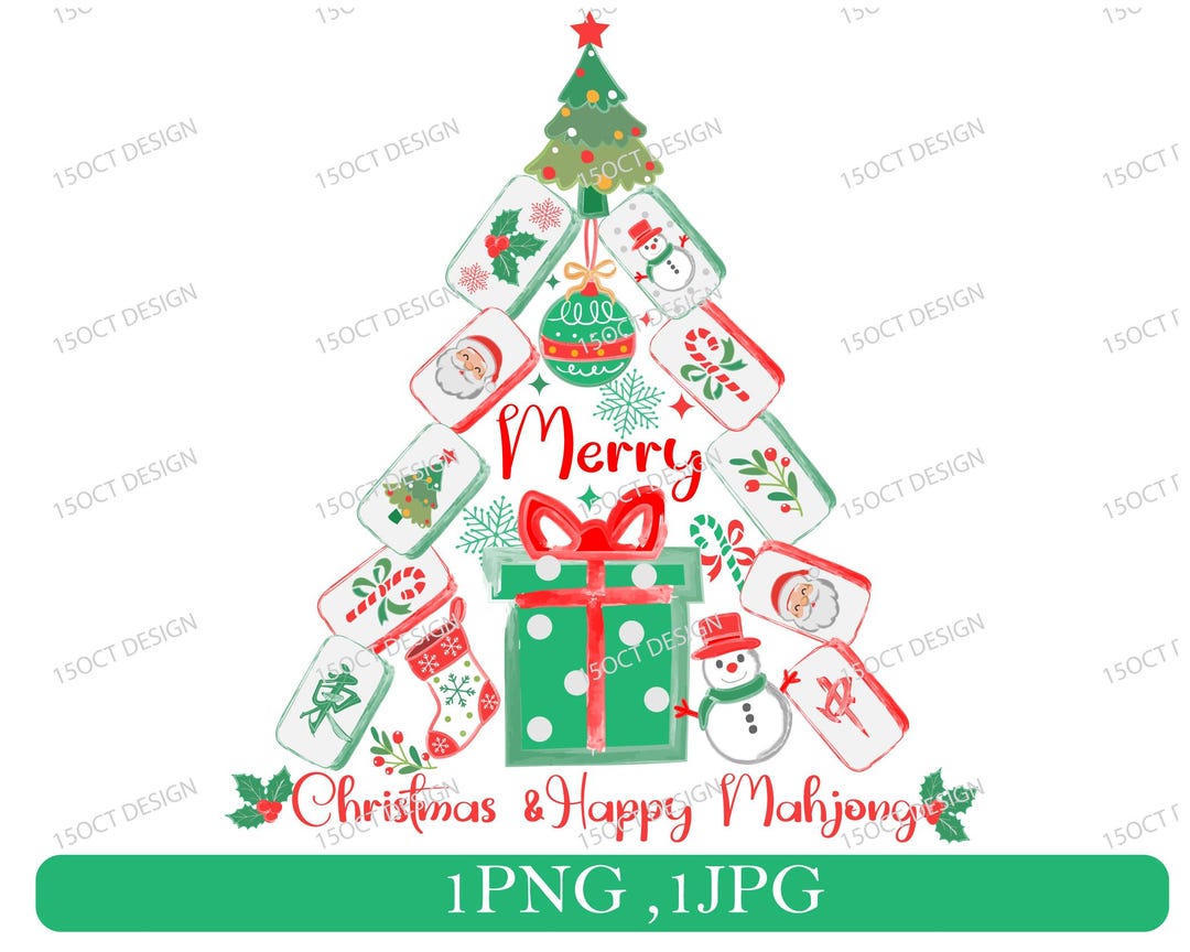 Mahjong Christmas Tree Watercolor Clipart: Holiday PNG (digital ...