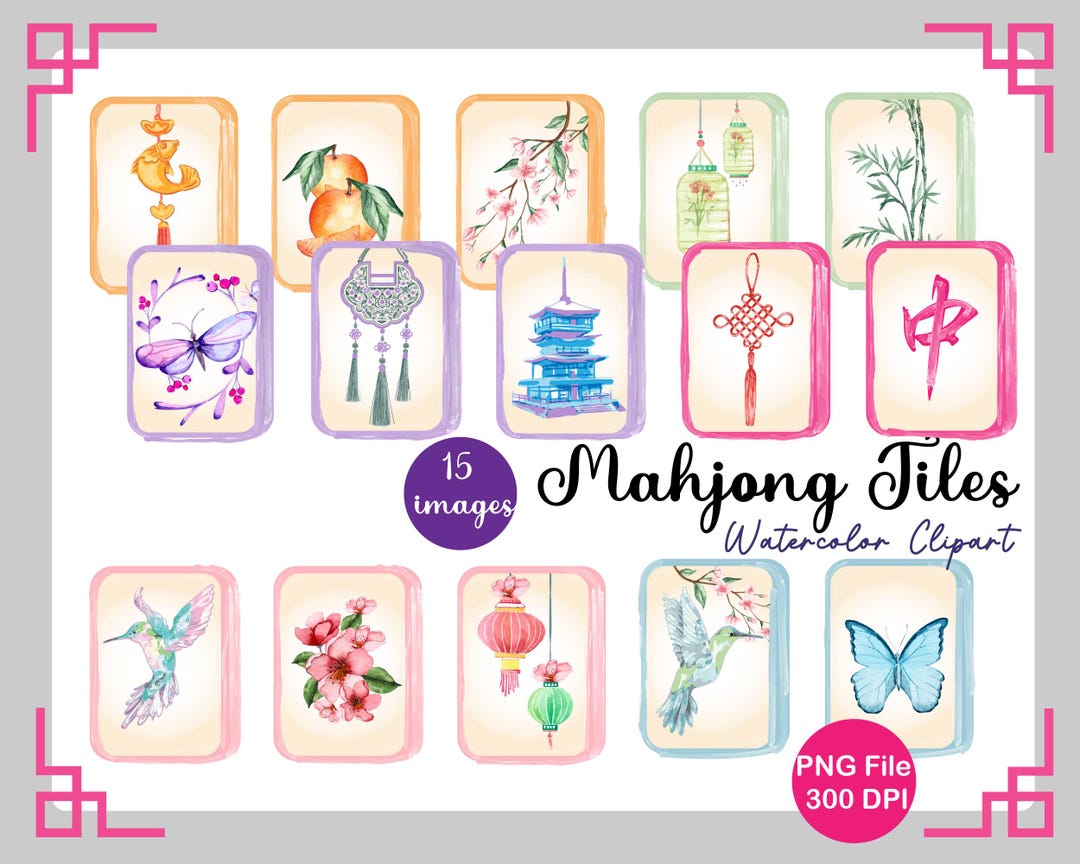 Mahjong Tiles Watercolor Clipart: Hand-drawn Pastel Digital Set ...
