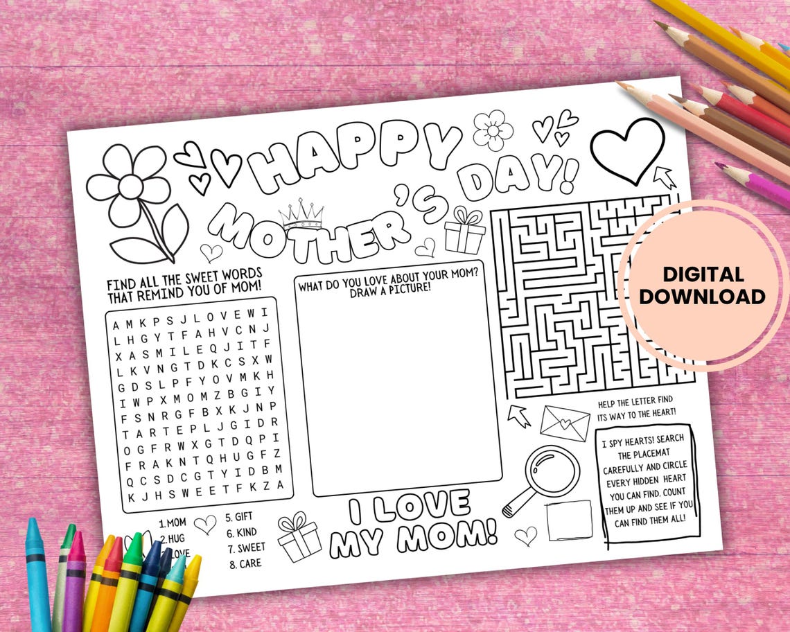 Mother’s Day Activity Placemat for Kids, Happy Mother’s Day Printable ...