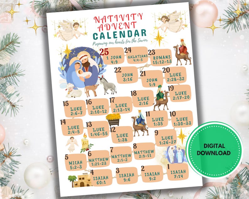 Printable Advent Calendar, Bible Verse Nativity Advent Scripture ...